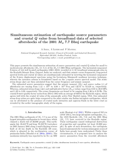 Pdf Simultaneous Estimation Of Earthquake Source Parameters And