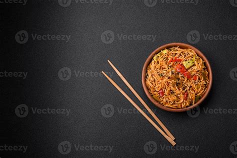 Delicious Udon Noodles With Meat Or Seafood Vegetables Salt And