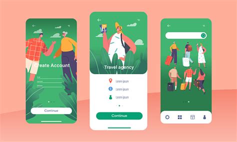 여행사 모바일 앱 페이지 온보드 화면 템플릿입니다 사람들 캐릭터는 여행 만화 벡터 일러스트 레이 션을 준비 합니다 가공의 인물에 대한 스톡 벡터 아트 및 기타 이미지
