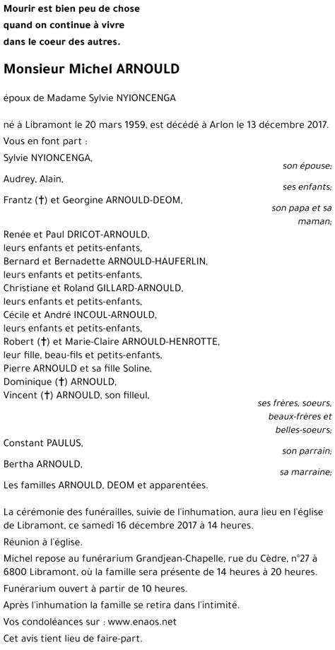 Avis De Décès De Michel Arnould Décédé Le 13 12 2017 à Arlon Annonce