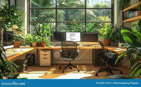 A Modern Office Setup With Multiple Monitors Surrounded By Lush Greenery Creating A Vibrant