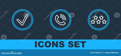 Set Line Five Stars Rating Review Check Mark Circle And Phone Call Icon Vector Stock