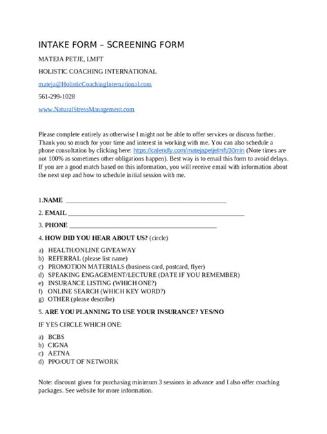 Intake Screening Doc Template Pdffiller