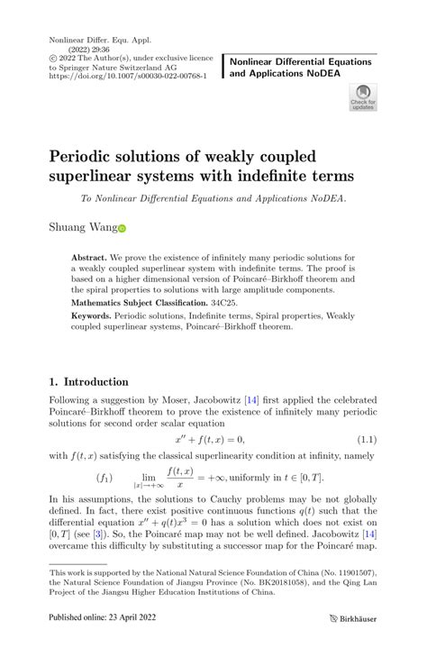 Pdf Periodic Solutions Of Weakly Coupled Superlinear Systems With Indefinite Terms