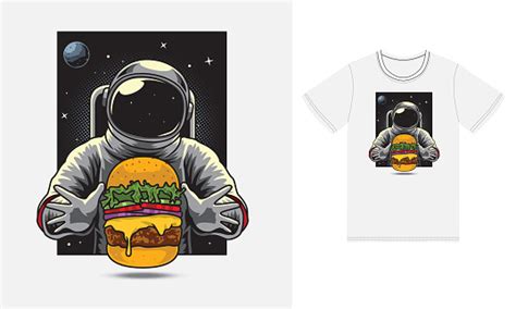 티셔츠 디자인 프리미엄 벡터로 햄버거 일러스트레이션을 먹는 우주 비행사 우주 비행사에 대한 스톡 벡터 아트 및 기타 이미지 우주 비행사 먹기 햄버거 Istock