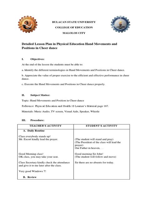 Cheer Dance Detailed Lesson Plan Pdf Arm Physical Education