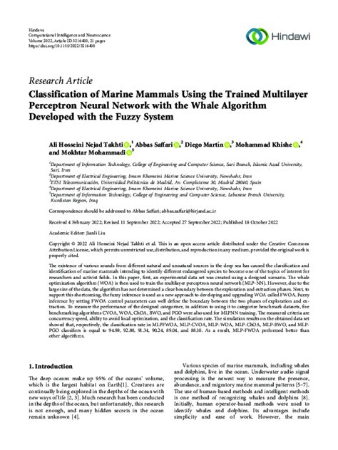 Pdf Classification Of Marine Mammals Using The Trained Multilayer Perceptron Neural Network