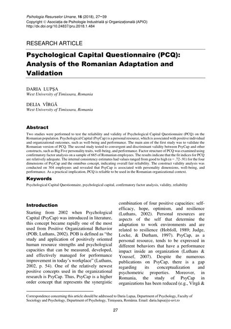 Pdf Psychological Capital Questionnaire Pcq Analysis Of The Romanian Adaptation And Validation