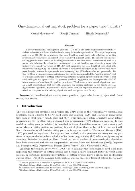 Pdf On The One Dimensional Stock Cutting Problem In The Paper Tube Industry