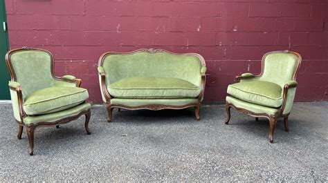 Small Louis Xv Style Sette And Matching Pair Of Armchairs In Green