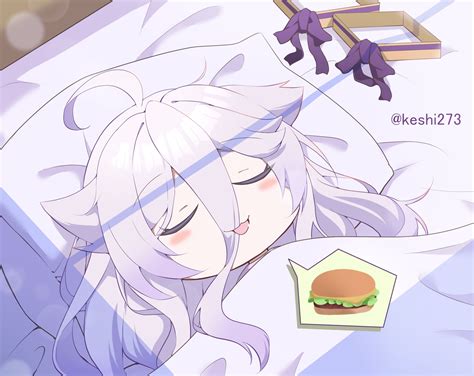Keshi273 Henya The Genius Vshojo Highres 1girl Ahoge Bed Sheet