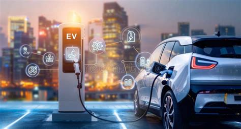 Electric Vehicle Charging With Digital Ev Icon On Blue Digital