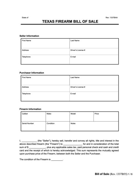 Texas Firearm Bill Of Sale Form Legal Templates