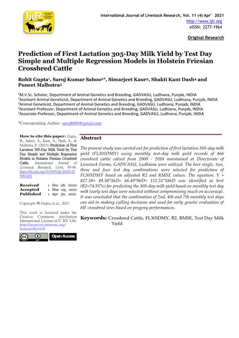 Pdf Prediction Of First Lactation 305 Day Milk Yield By Test Day Simple And Multiple