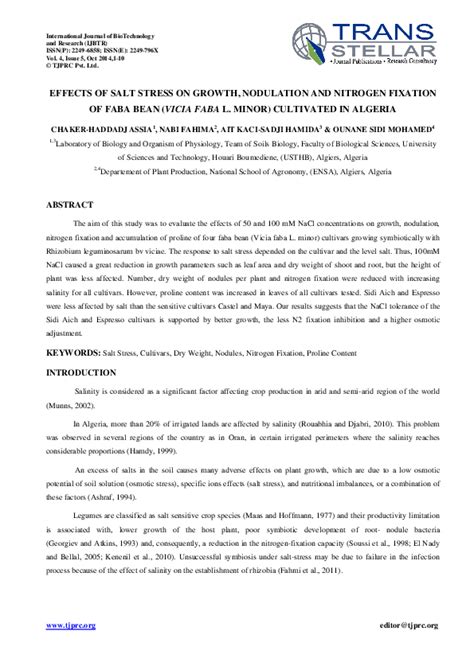 Pdf Effects Of Salt Stress On Growth Nodulation And Nitrogen Fixation Of Faba Bean Vicia
