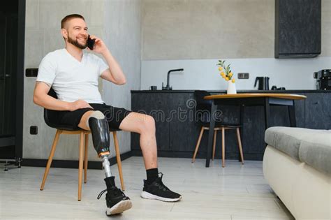 Man Amputee With Prosthetic Leg Disability On Above Knee Transfemoral Leg Prosthesis Artificial