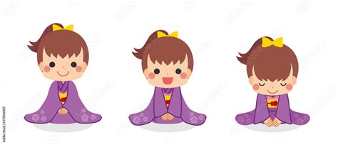 着物姿でお辞儀をする礼儀正しい女の子 可愛い イラスト セット Stock Vector Adobe Stock