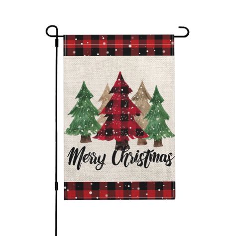 Merry Christmas Garden Flag Vertical Double Sided Burlap Buffalo Plaid