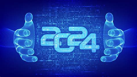 Happy New 2024 Year Numbers 2024 Made With Binary Code In Wireframe Hands Stock Vector