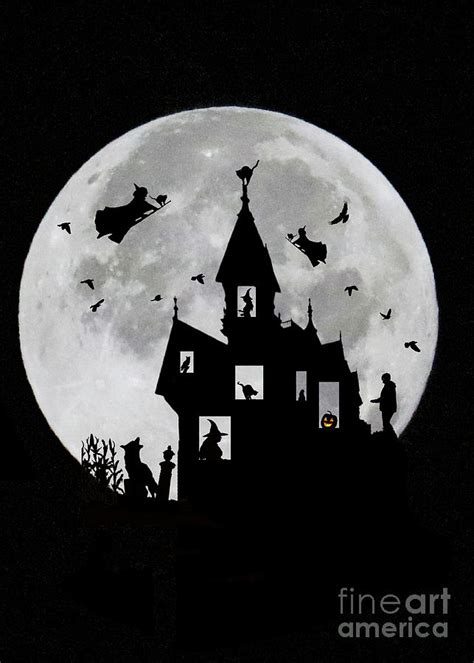 Halloween Funny Haunted House With Full Moon Witches Cats Monster Wolf