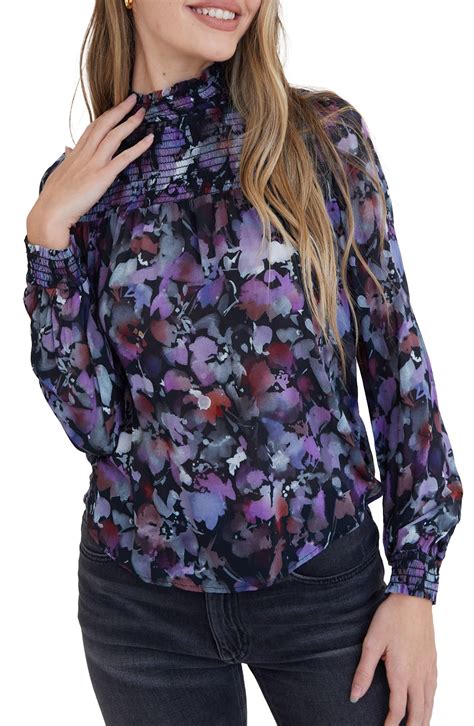 Bella Dahl Smocked Yoke Floral Long Sleeve Blouse In Blue Lyst