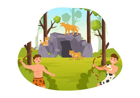 Prehistoric Stone Age Tribes Hunting Large Animals With Weapon In Flat