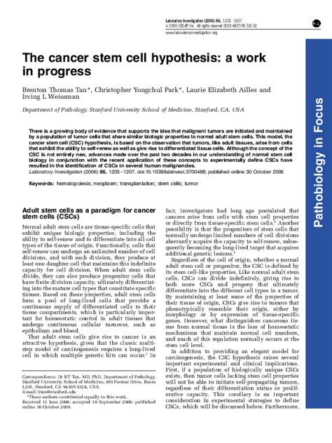 Pdf The Cancer Stem Cell Hypothesis A Work In Progress