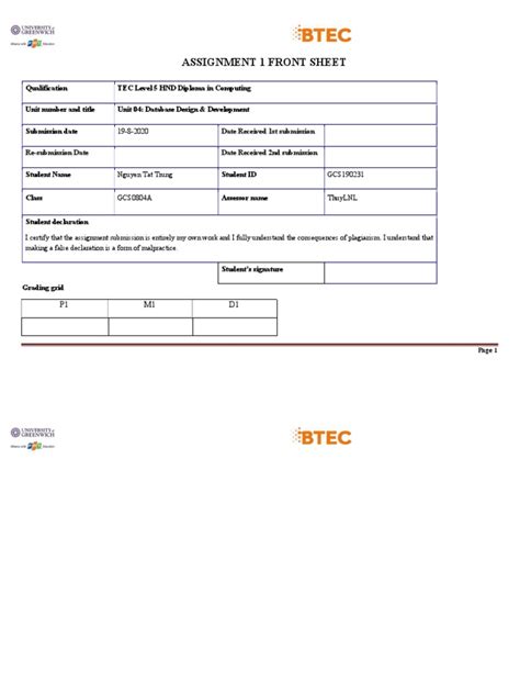 Assignment 1 Front Sheet Date Received 1st Submission Re Submission Date Date Received 2nd