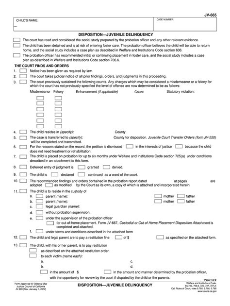 Jv 665 Disposition Juvenile Delinquency Judicial Council Forms Courts