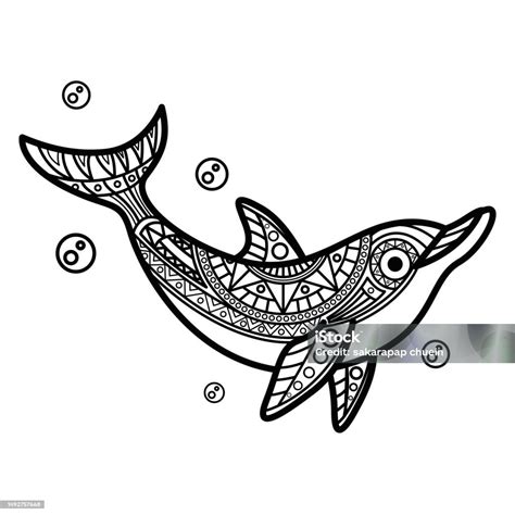 돌고래의 흑백 만다라 라인 아트 기호 마스코트 아이콘 아바타 문신 티셔츠 디자인 로고 또는 모든 디자인에 적합합니다 만다라에 대한 스톡 벡터 아트 및 기타 이미지 Istock
