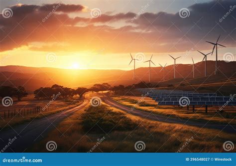 An AI Illustration Of A Road With Wind Turbines And Grass On The Side Of It Stock Illustration