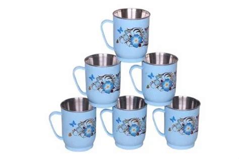 Polished 200ml Printed Blue Stainless Steel Tea Cup Set For Hotel