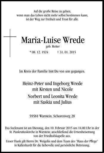 Traueranzeigen Von Maria Luise Wrede Trauer In Nrw De