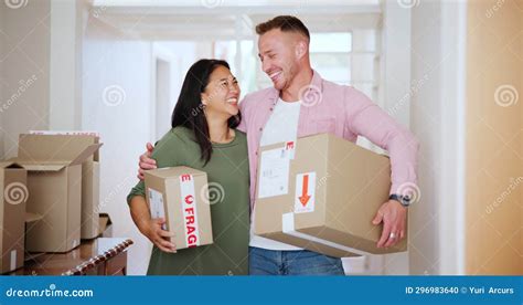 Couple Boxes And Happy For Real Estate Homeowners Or Property