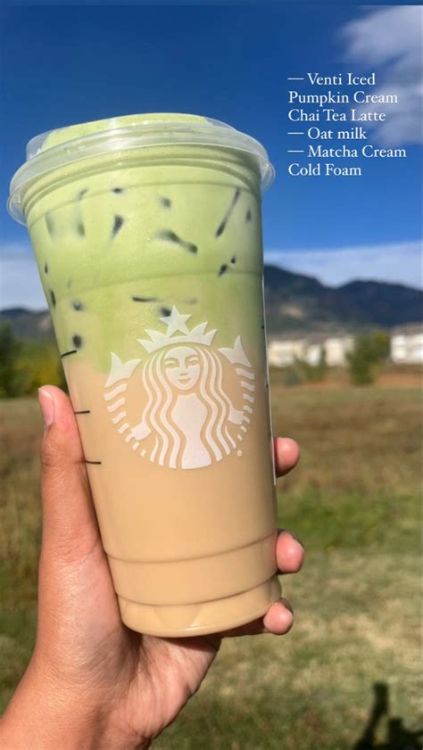 Venti Iced Pumpkin Cream Chai Latte With Oat Milk And Matcha Cream Cold
