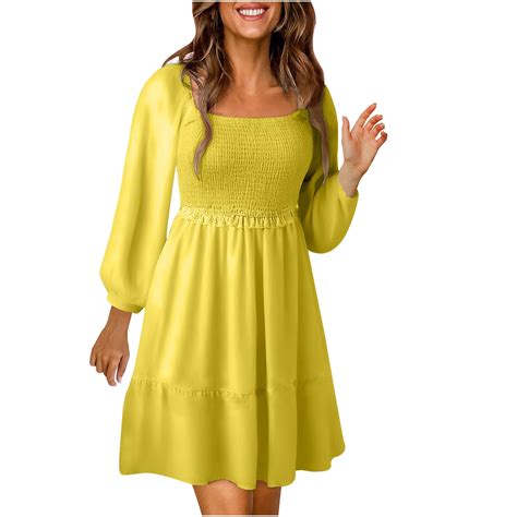 Spring Dresses Short Sleeve Square Neck Dress Womens Fashion Solid