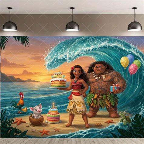 Moana Beach Birthday Party Background Banner Vibrant Tropical Scene