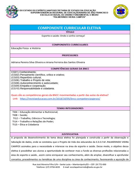 Template Ementa De Eletiva Esporte E Saúde Onde O Sonho Começa Pdf