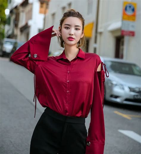 Cakucool Women Red Wine Silk Blouse Shirt Sexy Drop Shoulder Long