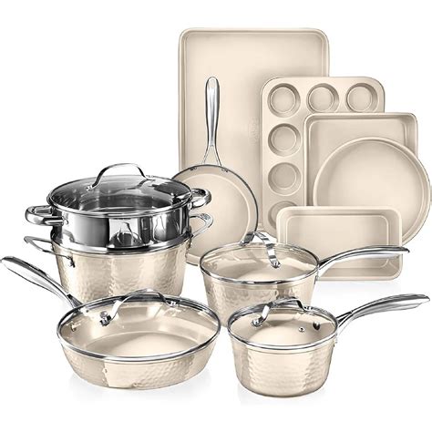 Gotham Steel Hammered 15 Piece Cream Ultra Ceramic Nonstick Cookware