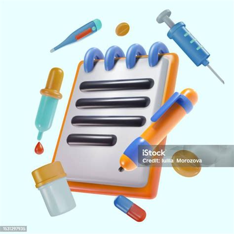 밝은 만화 요소가 있는 벡터 3d 의료 종이 문서입니다 건강 보험 메뉴 검사 또는 체크리스트 최소한의 구급차 그림입니다 3차원 형태에 대한 스톡 벡터 아트 및 기타 이미지