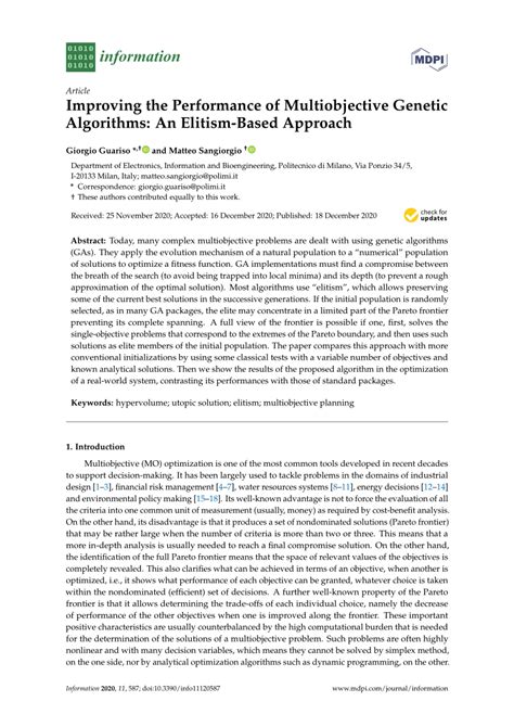 Pdf Improving The Performance Of Multiobjective Genetic Algorithms An Elitism Based Approach