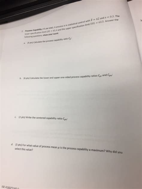 solved 62 and s 0 3 the ower specification limit lsl 61 4