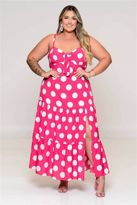 Vestido Plus Size Longo Poá Pink Vk Moda Plus Size