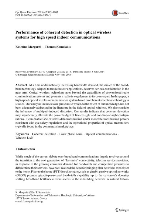 Pdf Performance Of Coherent Detection In Optical Wireless Systems For High Speed Indoor