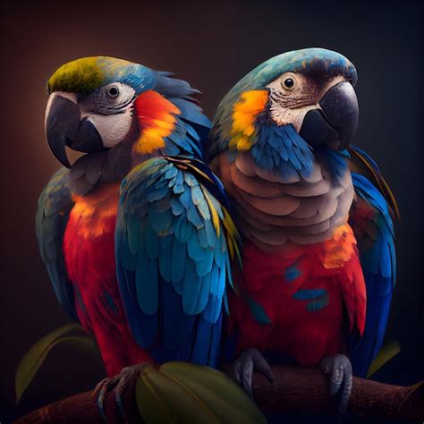 Premium Ai Image Colorful Macaw Parrots On A Branch On A Dark Background