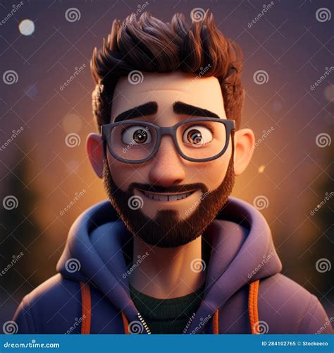 Adventure Themed 3d Pixar Character With Glasses And Beard Stock