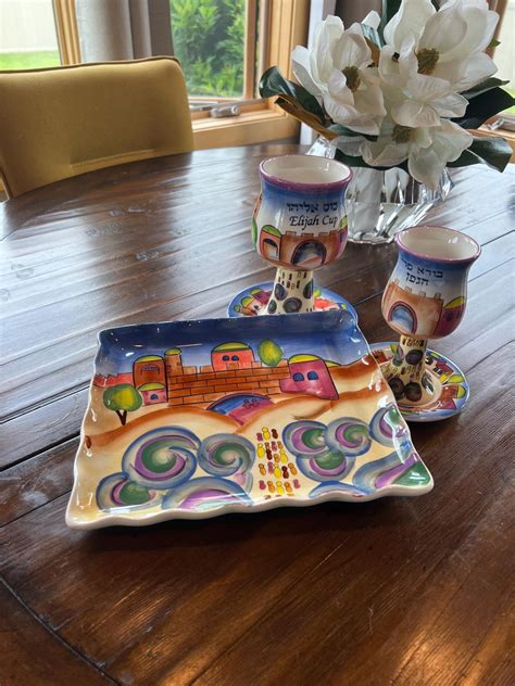 Passover Seder 2 X Chalice Elijah Cups And Platter Handpainted Yair