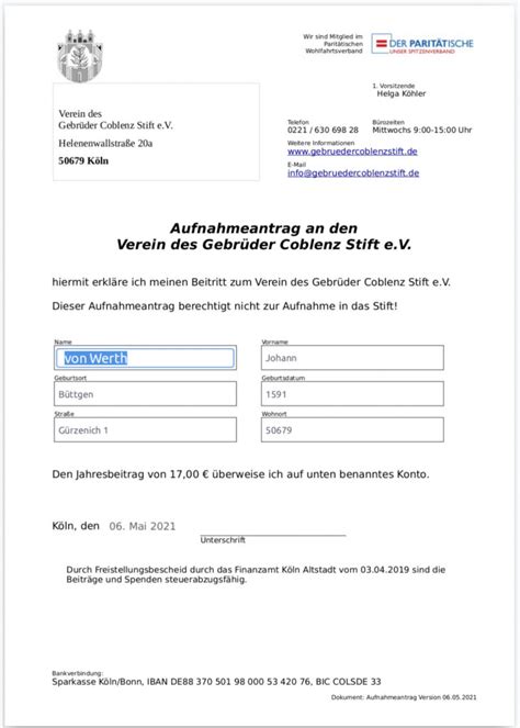Aufnahmeantrag Verein Des Gebrüder Coblenz Stift Ev