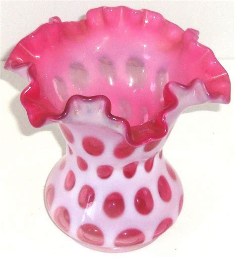 Fenton Cranberry Coin Dot Ruffled Opalescent Vase Vintage Pink White